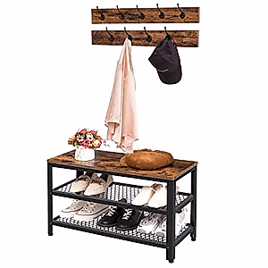 HOOBRO Coat Rack Shoe Bench, Hall Tree Entryway Storage Bench, Shoe Rack Organizer with Coat Hooks, 3-in-1 Design, Wood Furniture with Metal Frame, Rustic Brown and Black BF17MT01