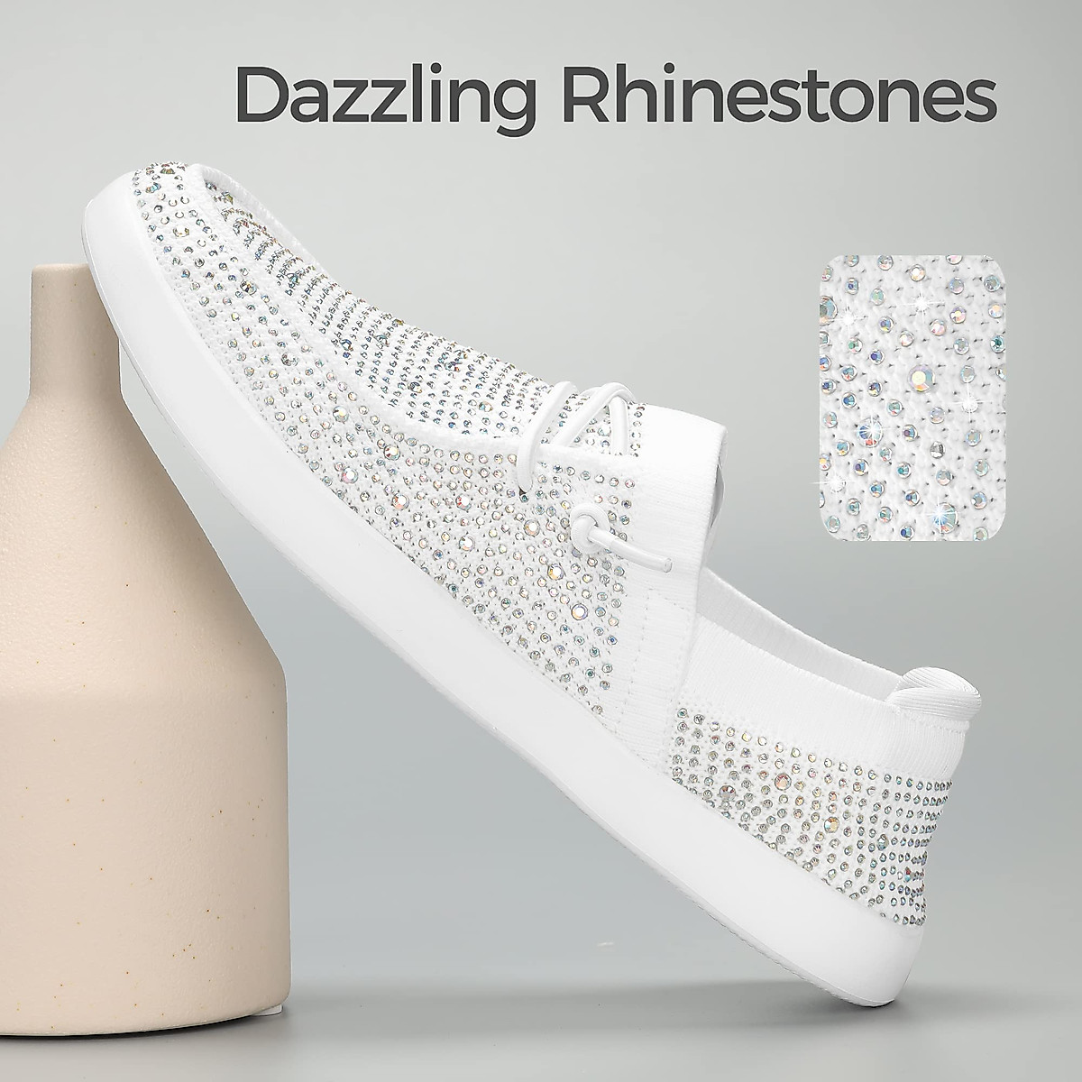 BELOS Women's Rhinestone Lace Up Loafers Shoes Comfortable Slip On Mesh Knit Walking Shoes Fashion Lightweight Sparkly Glitter Sneaker(White,8.5