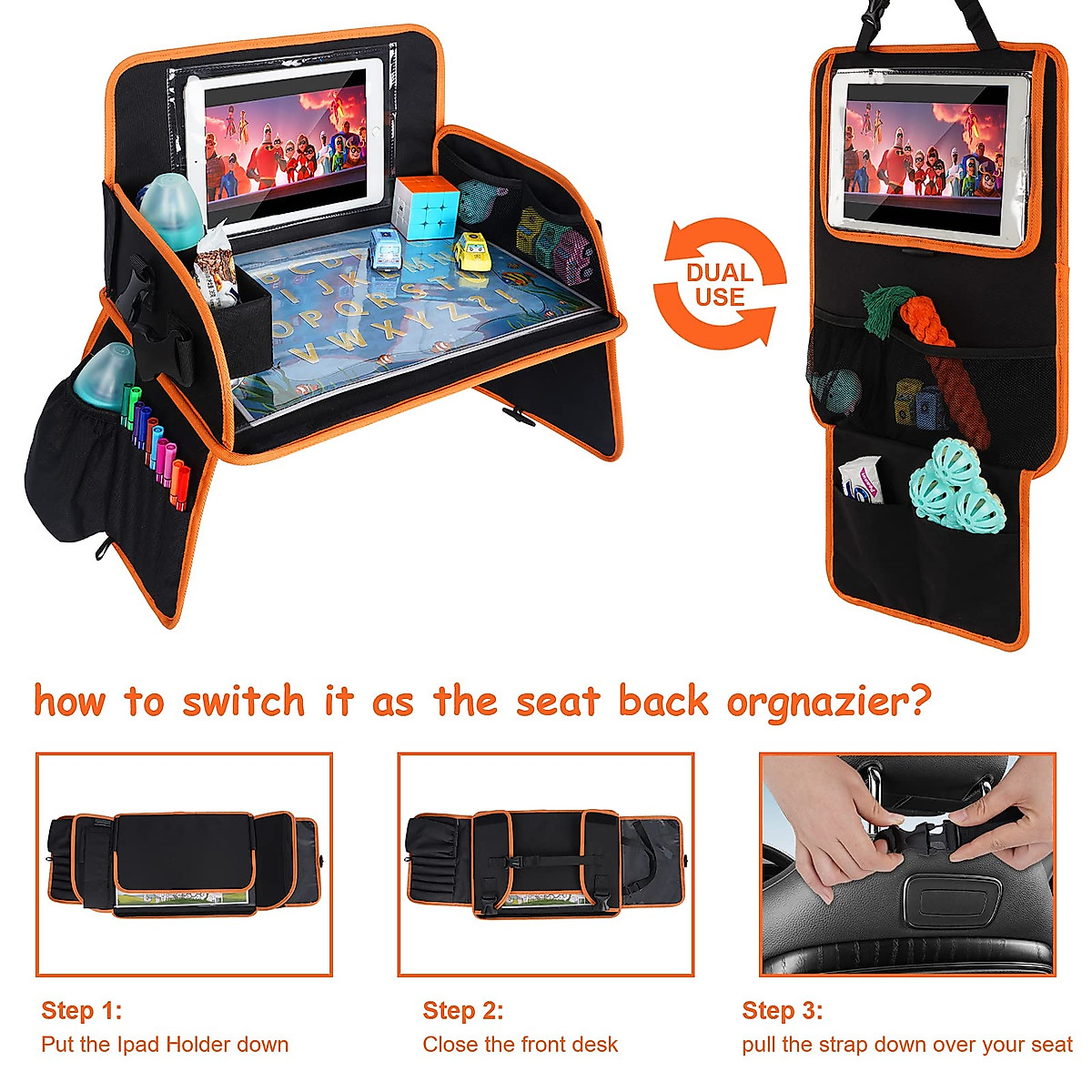 MENZOKE Black & Pink Kids Travel Tray Bundle, Toddler Tray with Dry Erase Board Car Lap Desk Table with iPad Holder, Storage Pocket, Kids Active Eating Tray for Road Trip, Airplane