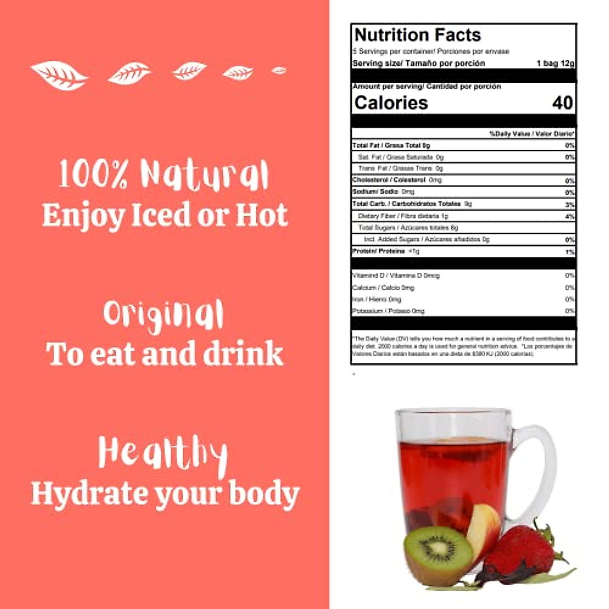 Alibú Dried Fruit Tea Infusions - Alegria - Strawberry, Apple, Kiwi, Hibiscus – Certified Vegan, 100% Natural, Hot or Iced, Caffeine Free, Eat or Drink - Box of 2.12 oz