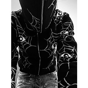 Y2K Women Men Vintage Full Zip Up Hoodies Skeleton Spider Web Graphic Rhinestone Sweatshirt Oversized Grunge Jackets