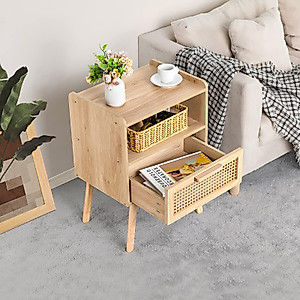 Lerliuo Rattan Nightstands Set of 2, Boho Side Table with Drawer Open Shelf, Cane Accent Bedside End Table with Solid Wood Legs for Bedroom, Dorm and Small Spaces (Natural)