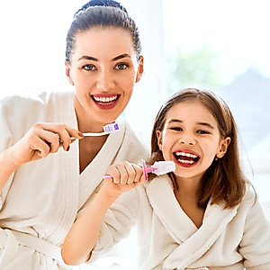 2 Pack Kids U Shaped Toothbrush Anti Choking 360 Degree Oral Cleaning Toothbrush with 2 Soft Silicone Brush Head Non Slip Handle Toddler Toothbrush with Cover Case for Children 2-6 Ages, Pink, Blue