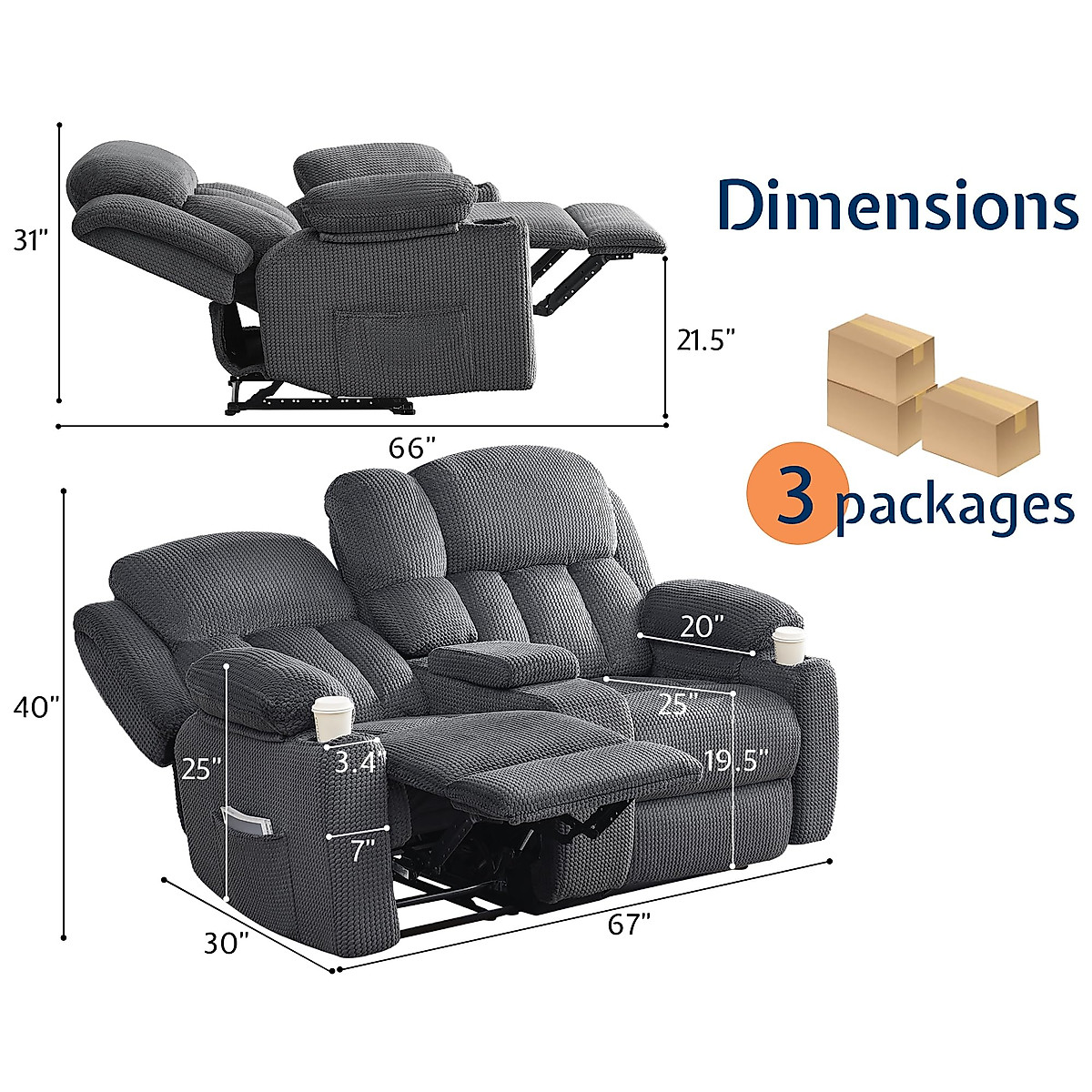 Jocisland Recliner Couch, Recliner Loveseat with Cup Holders, Console with Charging Socket, Comfy Reclining with Dual Wingback for Living Room(Grey)