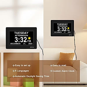 [Newest Version] 7 Inch Day Clock - 12 Alarm Options, Level 5 Auto Dimmable Display,Extra Large Impaired Vision Digital Clock with Non-Abbreviated Day & Month Alarm Clock (7 inch)