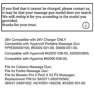 24V Power Cord for Hypervolt Massage Gun HPI5300000100 53000 001-00 Charger for Hyperice 42000 038-00 Battery AC/DC Adapter 6.0Ft Extra Long Replacement for SK03T-2400100Z Power Supply