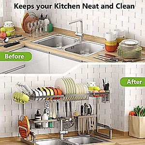 1Easylife Over The Sink Dish Drying Rack Adjustable 2-Tier Large Dish Dryer Rack for Kitchen Organizer Storage Space Saver Shelf Utensils Holder with 7 Utility Hook Tableware Drainer (Silver)