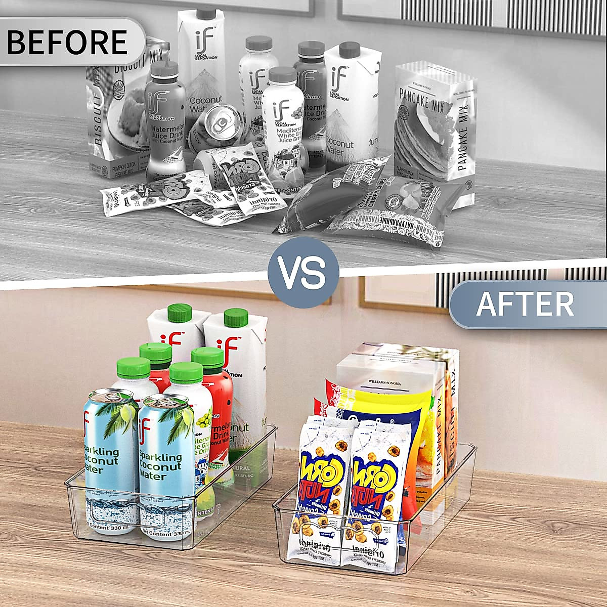 Clear Plastic Food Storage Organizer Bins,8 Pack Pantry Organizations and Storage Bins with Removable Dividers, Stackable Refrigerator Organizer Bins Fridge Organizers Kitchen Cabinet Organizers