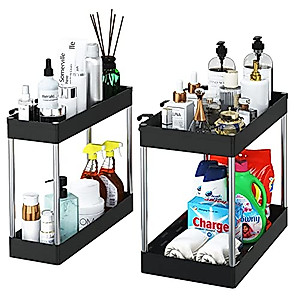 Under Sink Organizer, UBeishun 2 Tier Bathroom Sink Organizer with Hooks, Cleaning Supplies Holder, Multi-purpose Storage Shelf for Home Kitchen Cabinet Organization (2 Pack)
