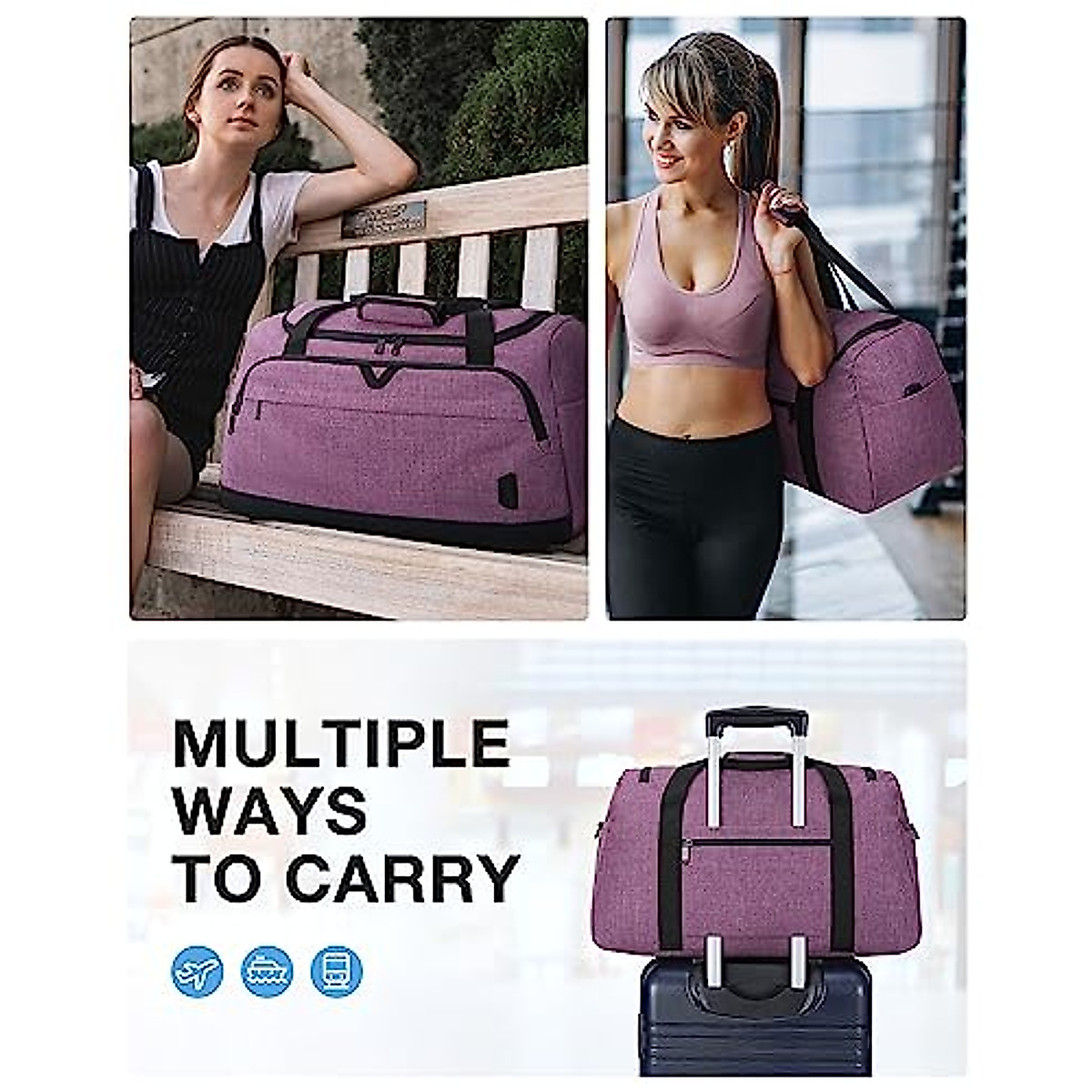 Weekender Bag for Women, BAGSMART 38L Carry on Overnight Bag, Gym Bag Personal Item Travel Bag with Trolley Sleeve, Shoe Bag, Purple-38L