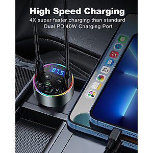 Dual PD 40W Type-C USB Car Charger Bluetooth Car Adapter Bluetooth 5.3 FM Transmitter for Car with Microphone & HiFi Sound MP3 Music Player Radio Audio Receiver Support Hands-Free Calling