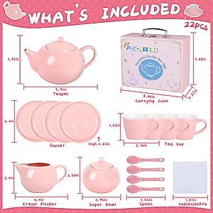 Porcelain Tea Party Set for Little Girls, 22Pcs Princess Tea Time Toy Including Teapot,Saucers,Teacups,Sugar Bowl,Creamer Pitcher,Spoons & Tablecloth, Kids Kitchen Pretend Play for Girls Boys