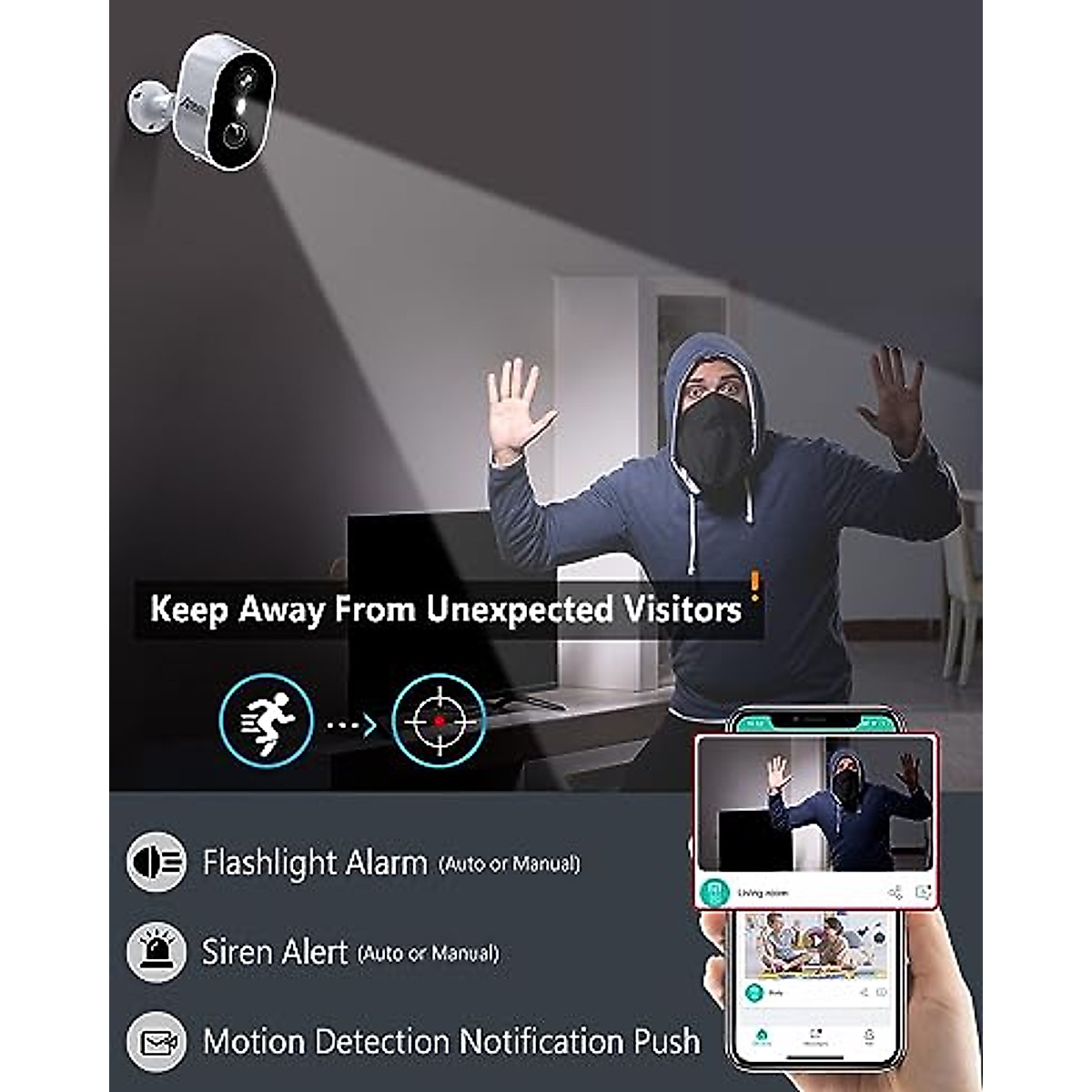 ANRAN 2K Security Cameras Wireless Outdoor, 3MP AI Motion Detection & Color Night Vision Home Security Cameras, Two-Way Talk, Spotlight Siren Alarm, Work with Alexa, Battery Powered, IP65