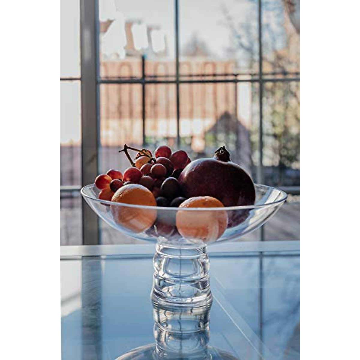 Huang Acrylic Clear Large Round Fruit Bowl with Multifunctional Removable Pedestal | Decorative Kitchen Table or Countertop Centerpiece Stand | 10.5 x 10.5 x 5.5 inches