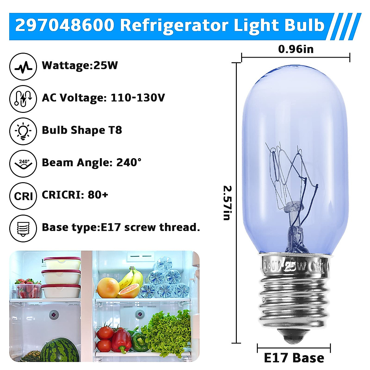 JIOTAR 25W 297048600 Refrigerator Light Bulb for Frigidaire T8 E17 Refrigerator Light Bul 241552802 AP3770086 AP3867287-1 Pack