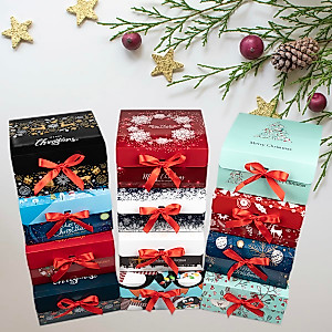 ARTLYMERS Christmas Gift Boxes with Lids, 9 Pack Gift Boxes and Red Ribbon Christmas Themed Pattern Small Gift Boxes for Christmas Presents Gifts Easy Assemble