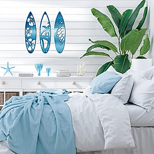 3 Pieces Metal Surf Board Wall Decor Summer Metal Surfboard Beach Signs Tiki Bar Metal Novelty Surfboard Sign Tropical Surf Board Palm Tree Wall Art for Wall and Door Outside (Blue)