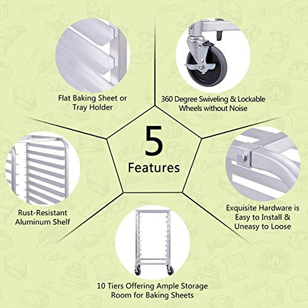 Giantex 10 Tier Aluminum Bakery Rack Home Commercial Kitchen Bun Pan Sheet Rack Mobile Sheet Pan Racking Trolley Storage Cooling Rack w/Lockable Casters