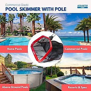 Aquatix Pro Pool Skimmer Commercial Grade with 4-12 feet 1.1mm Thick Silver Telescopic Pole & EZ Clips for Above Ground & Inground Swimming Pools, Fine Mesh Bag Removes All Debris!