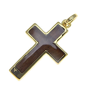 Arthur's Jewelry Koa Wood Hawaiian Cross Yellow Gold Plated Brass Pendant Charm