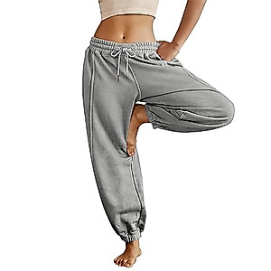 Grey Sweatpants, Women's High Waist Solid Color Casual Trousers Workout Sports Joggers Pants with Pockets Work Joggers for Women Fold Over Yoga Pants Petite Joggers Sweatpants (XXL, Gray)