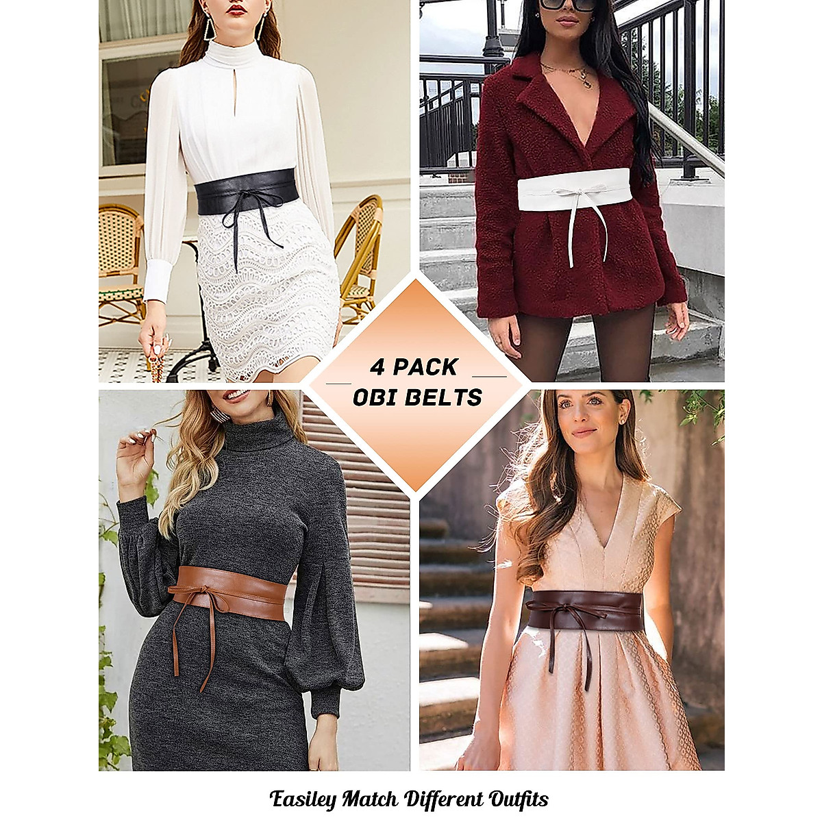 4 Pack WERFORU Women Obi Belt PU Leather Self Tie Wrap Wide Waistband Boho Belt for Costumes, Black+White+Brown+Coffee, Suit for Waist Size 33"-38"