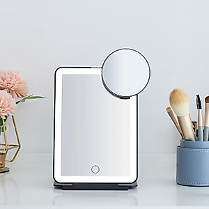 Foldable Double Sided Tabletop Mirror - Rechargeable Lighted Magnifying Mirror 10 X and 1X，3 Colors Light - Adjustable Foldable Handle for Makeup/Travel and Blackhead Removal.