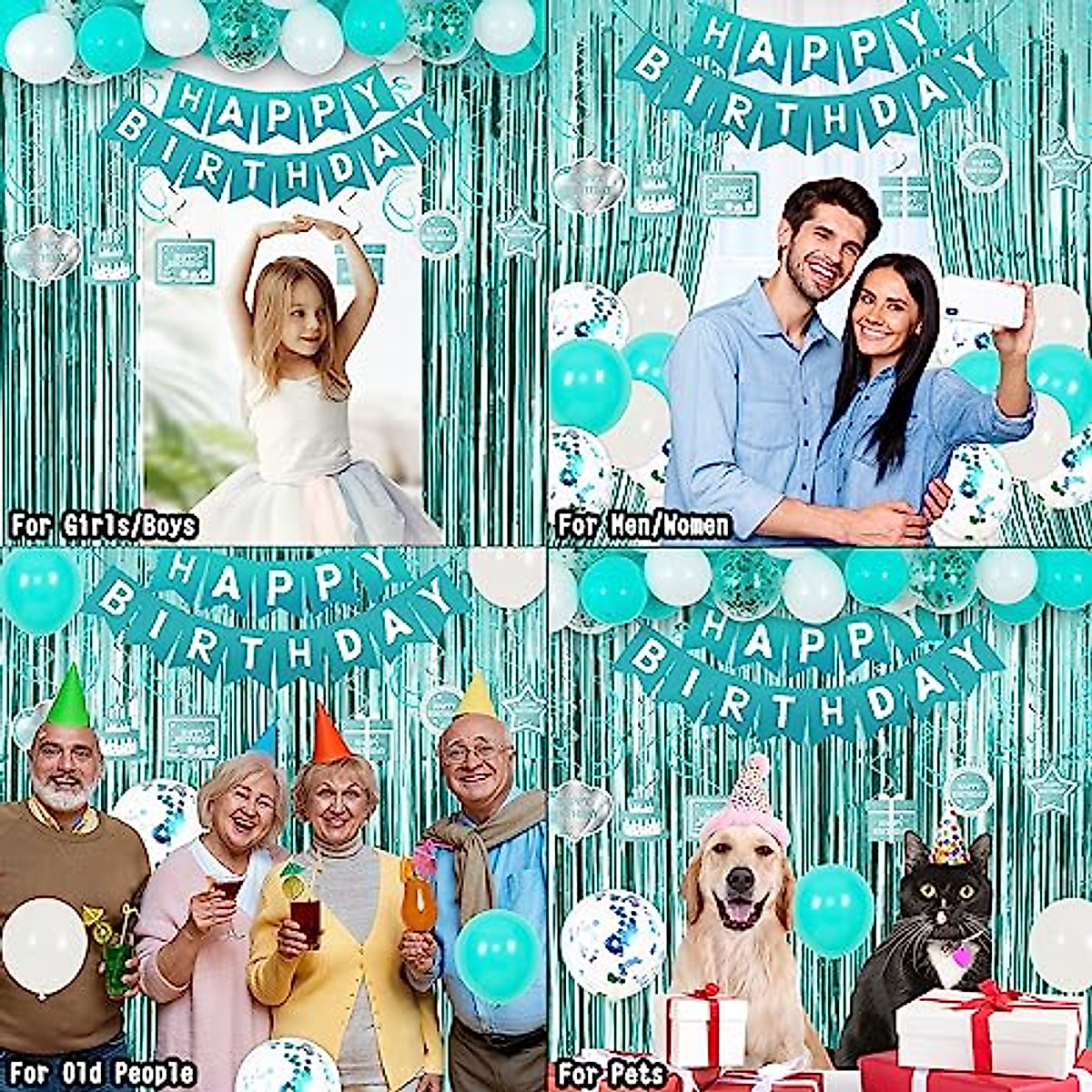 Birthday Decorations Girls Teal Happy Birthday Balloons for Women Birthday Party Decor for 10th 13th 16th 18th 20th 21st 25th 30th 35th 40th 50th 60th with Rain Curtains Tablecloth Swirl Pendants