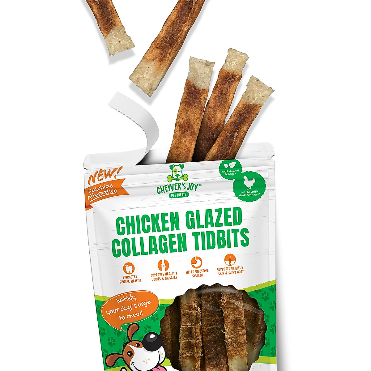 Chewer's Joy Chicken Glazed Collagen Tidbits 15pk 6" for Dogs, Premium Quality. High Protein, Promotes Joint, Skin, Gut Health & Shiny Coat. Bully Stick & Rawhide Alternative. Long Lasting chew.