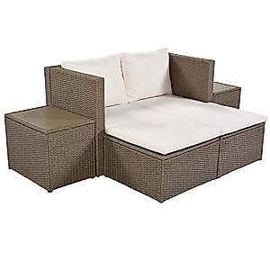 GODAFA 6 Piece Outdoor Patio Furniture Set All-Weather PE Rattan Conversation Sectional Sofa with 2 Tea Tables for Backyard Porch Poolside, Brown Wicker+Beige Cushion
