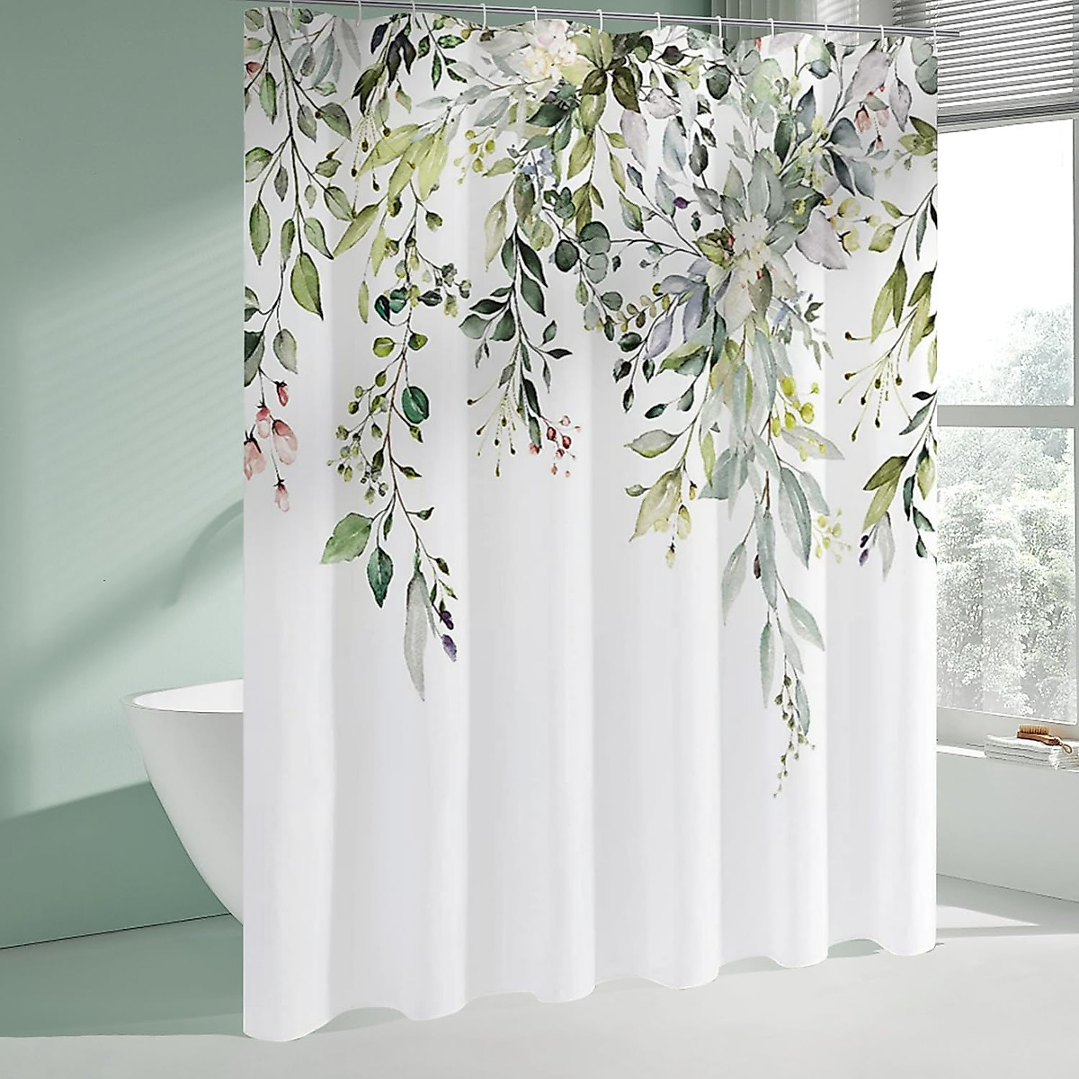 4Pcs Sage Green Eucalyptus Shower Curtain Set, Bathroom Sets with Shower Curtain and Rugs, Boho Leaves Bathroom Shower Curtain Sets with Rugs, Shower Curtains for Bathroom Decor Sets