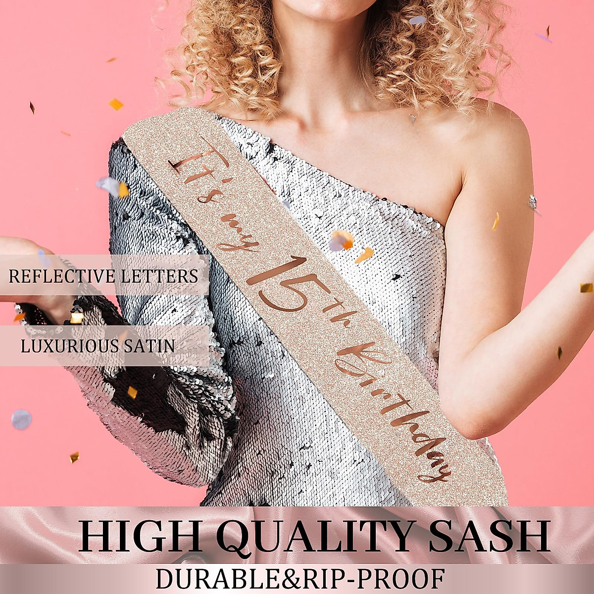 Trgowaul 15th Birthday Decorations Balloon Set Women's Arch, Rose Gold 15th Birthday Banner and Party Tablecloth, Belt and Tiara, Pink Gold 15th Balloon, Pink Birthday Cake Top, Latex Balloon * 60