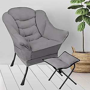 WOAISOO Lazy Chair with Ottoman, Comfy Reading Chair with Ottoman Set, Oversized Lounge Sofa Chair with Footrest for Living Room, Bedroom, Dorm, Small Spaces- Grey
