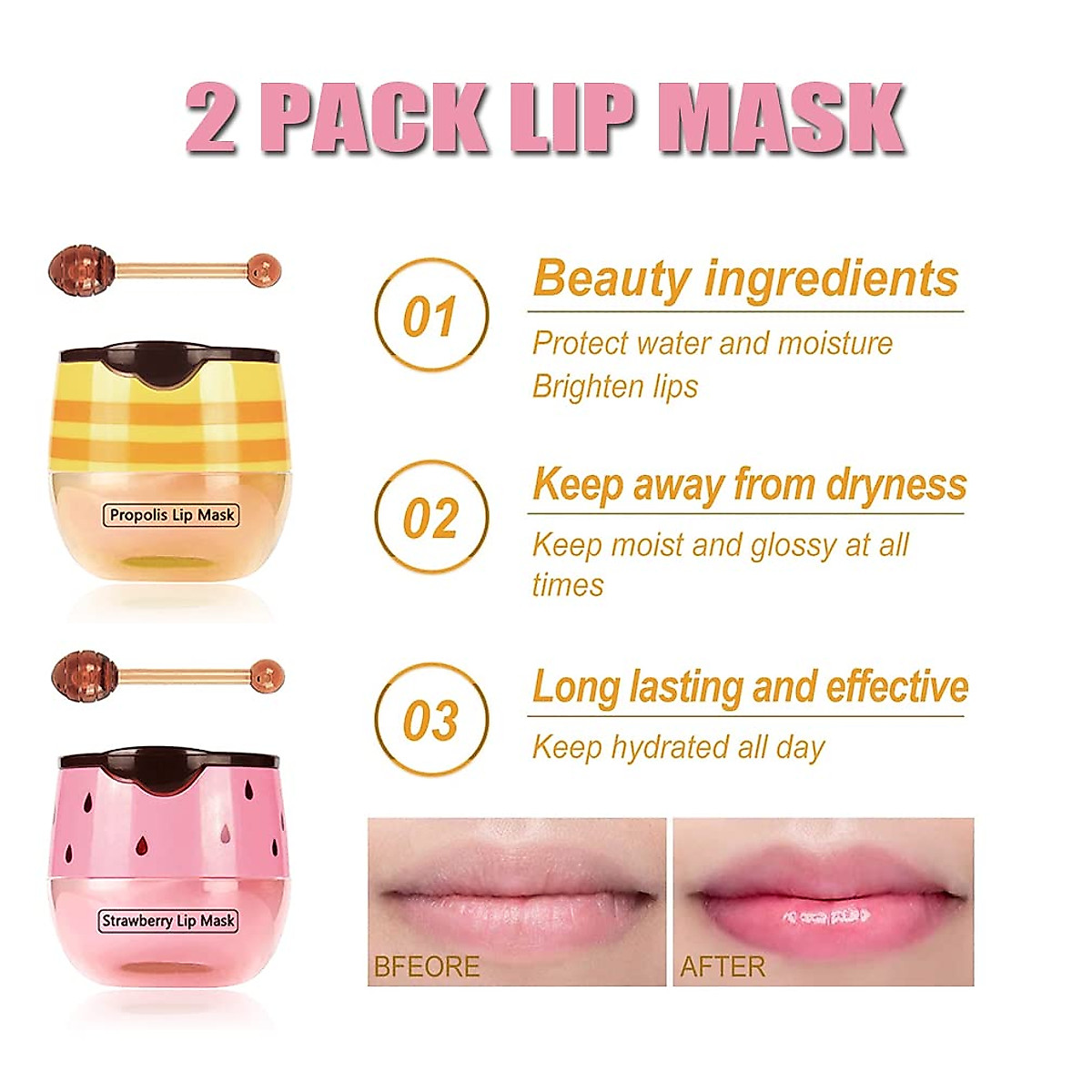 2PCS Bee Lip Balm Honey Pot & Strawberry Vitamin E Lip Sleep Masks Hydrating Prevention Dry and Cracked Lip Scrubs Exfoliator, Reduces Lip Lines，Lip Exfoliating Balm Sleeping Lip Mask