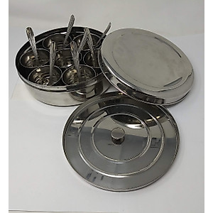 Tabakh Satinless Steel Sada Masala Dabba Spice Container Box - 7 Containers & 7 Spoons - 8-Inches
