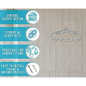 Comfify Cast Iron Wall Mounted Hanger Vintage Design with 5 Hooks - Keys, Towels, Coats etc - Wall Mounted, Metal, Heavy Duty, Rustic, Vintage, Decorative Gift Idea - 12.6x5.9” - Rustic White