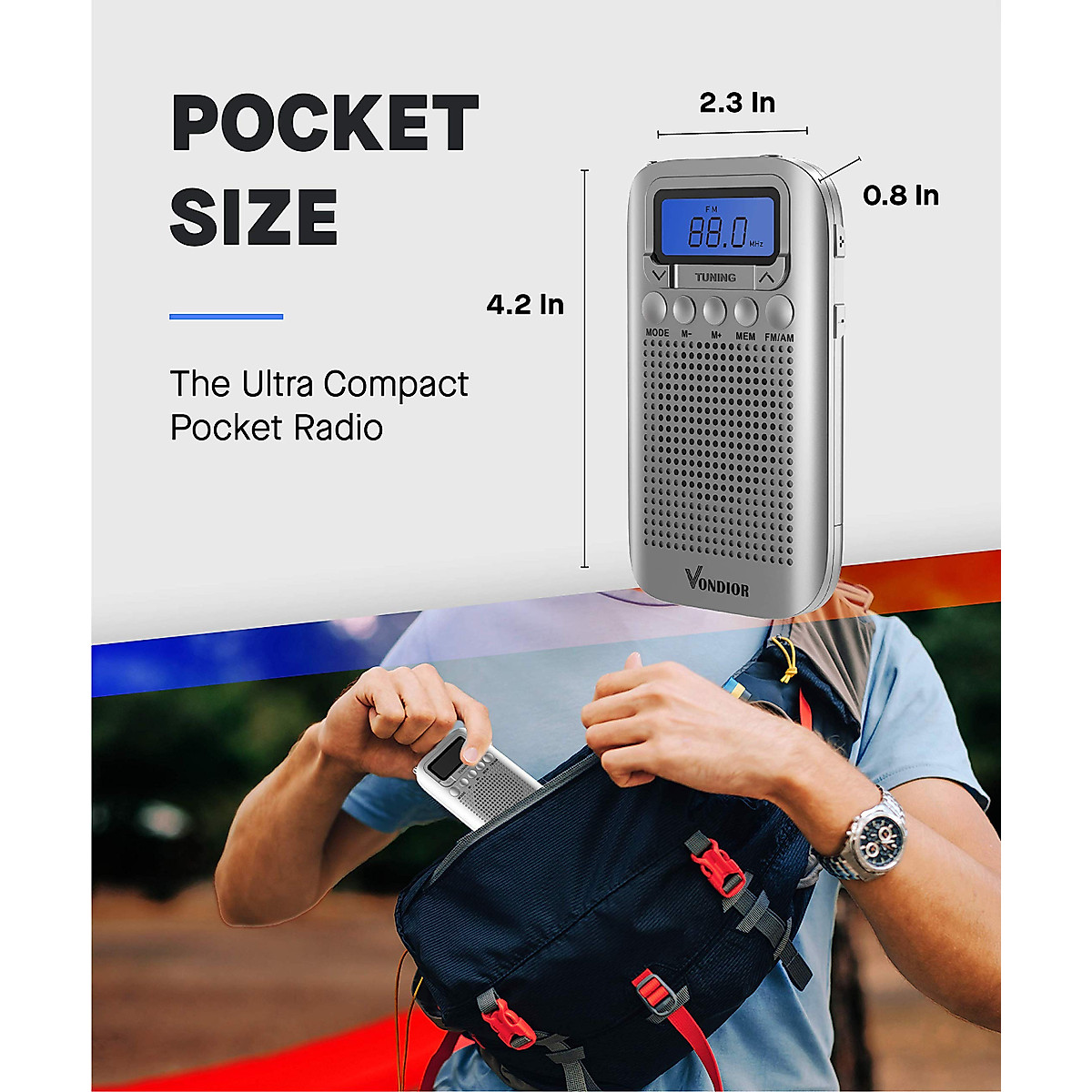 Vondior Digital AM FM Portable Pocket Radio with Alarm Clock- Best Reception and Longest Lasting. AM FM Compact Radio Player Operated by 2 AAA Battery, Stereo Headphone Socket (Silver)