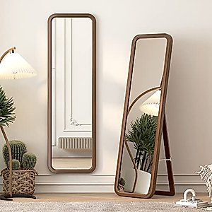 LVSOMT Wooden Full Length Mirror, Full Body Mirror, Standing Floor Mirror, Solid Wood Frame, Rounded Corner, Stand Up or Wall-Mounted, Dressing Mirror for Bedroom, Rustic Mirror, 63"×18”, Walnut