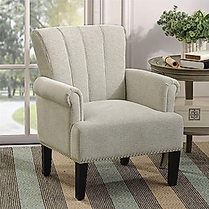 Living Room Chairs, Upholstered Chairs, Polyester Armchair Club Chair with Rivet Tufted Scroll Arm, Tufted Accent Chair for Bedroom and Living Room (Cream)