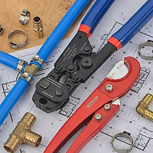 iCRIMP Ratchet PEX Cinch Tool with Removing function for 3/8 to 1-inch Stainless Steel Clamps with 20PCS 1/2-inch and 10PCS 3/4-inch PEX Clamps and Pipe Cutter- All in One