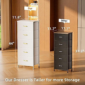 YILQQPER Tall Dresser with 5 Drawers, White Dresser for Bedroom, Tall Storage Tower for Closet, Nursery, Dorm, Dresser Organizer with Sturdy Steel Frame, Fabric Bins, Leather Finish, Wood Top, White
