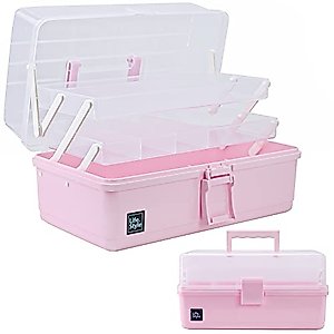 Creahaus 13 inch Art Craft Organizer Storage Box with 3 Layers, Multifunctional Plastic Tool Box with Handle for Sewing, Makeup, Medicine, Nail, Hair Accessories for Kids (Pink)