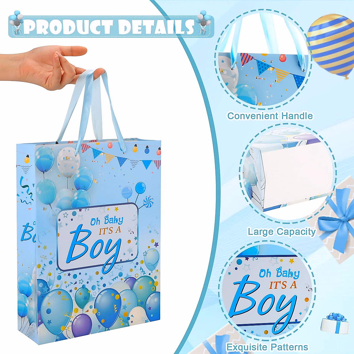 Large Blue Baby Boy Gift Bag with Tissue Paper and Greeting Card, It's A Boy Baby Shower Paper Bag Baby Boy Wrapping Paper Bag with Ribbon Handles for Party Supplies Decorations,1st Birthday Gender Reveal Party Favors