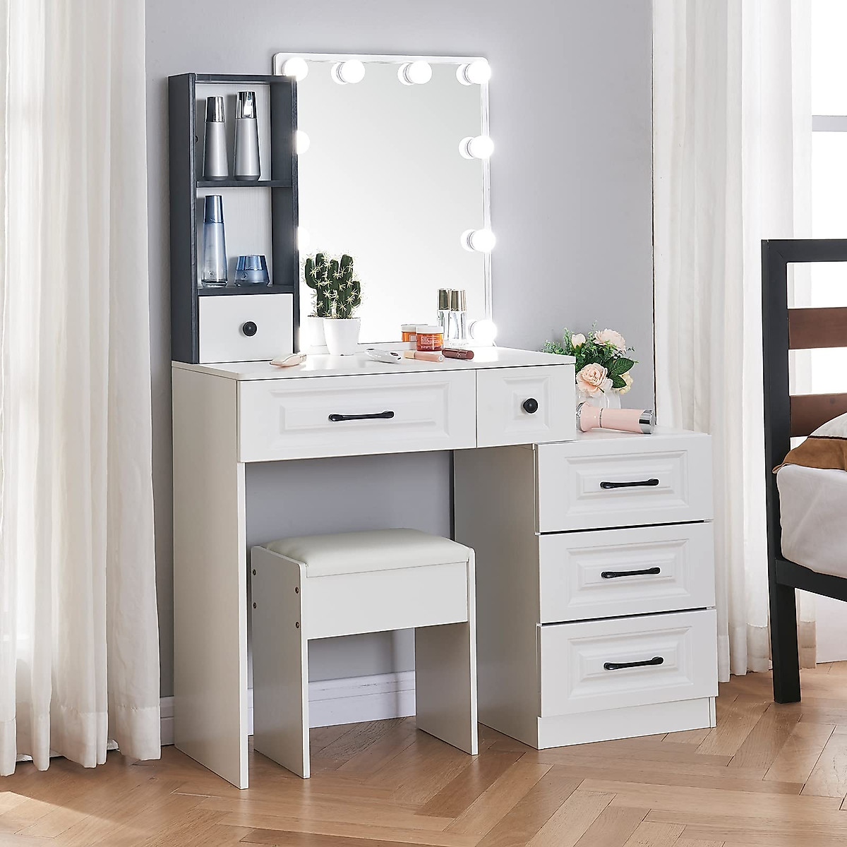saicheng Vanity Desk with Mirror and Lights-3 Color and Brightness Adjustable, Vanity Set with Drawers and Chair, White Makeup Vanity Table for Girls