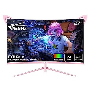 FYHXele FY27QHP Pink Monitor 27 Inch Curved Gaming 165Hz - Support 144Hz 1800R 1ms QHD 2560 x 1440P VA Screen, Built-in Speakers, AMD Free-Sync, HDMI, DP, USB, AUX, Tilt Adjustable