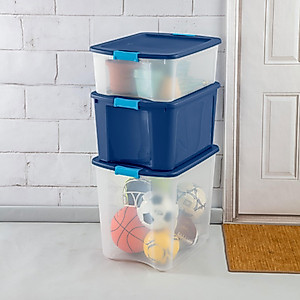 Sterilite 18 Gal Latch and Carry, Stackable Storage Bin with Latching Lid, Plastic Tote Container to Organize Closets, Blue with Blue Lid, 6-Pack