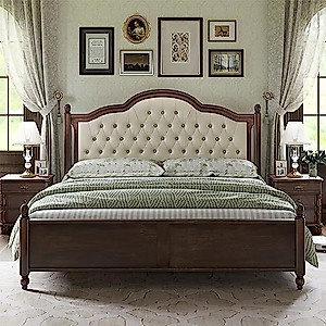 AMERLIFE Solid Wood Bed Frame Queen Size, Transitional Platform Bed with 52.5" Upholstered Tufted Headboard, Rubberwood/Roman Column Accents/Wood Slat Support/No Box Spring Needed