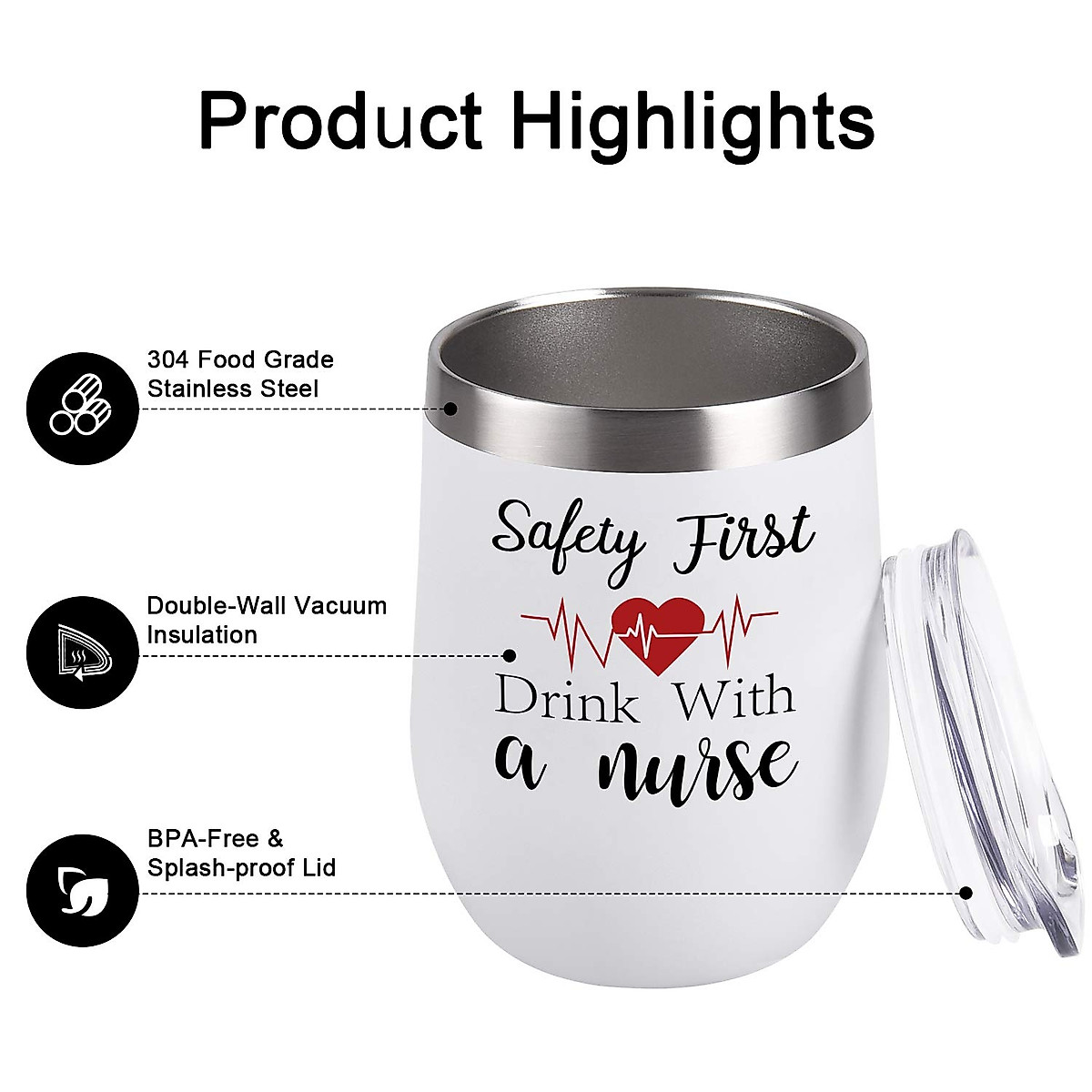 GINGPROUS Safety First Drink with a Nurse Wine Tumbler, Nurse Birthday Idea for Nurse New Nurse Doctor Nurse's Day, 12 Oz Funny Stainless Steel Stemless Wine Tumbler with Lid and Straw, White