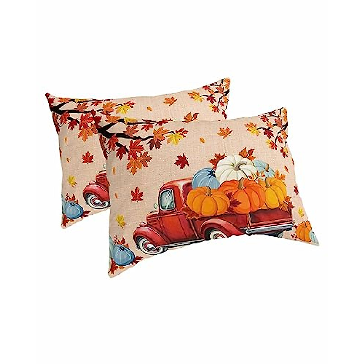 Edwiinsa Thanksgiving Pillow Covers Standard Size Set of 2 Bed Pillow, Fall Pumpkin Maple Leaf Truck Burlap Plush Soft Comfort for Hair/Skin Cooling Pillowcases with Envelop Closure 20''x26''