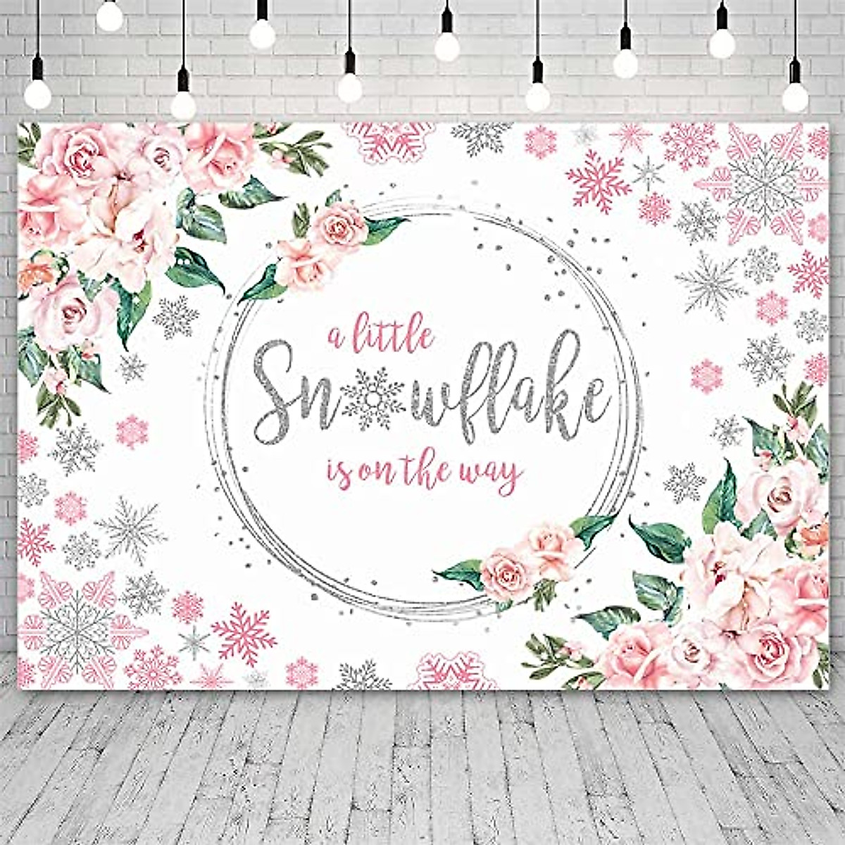 AIBIIN 7x5ft Winter Baby Shower Backdrop for Girl A Little Snowflake is On The Way Baby Shower Decorations Pink Silver Snowflakes Photography Background Banner Photo Props
